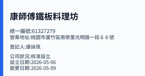 康師傅鐵板料理坊的照片-統編 61327279(桃園市) 公司登記資料與營業項目詳細圖表