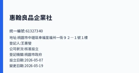 惠翰良品企業社的照片-統編 61327340(桃園市) 公司登記資料與營業項目詳細圖表