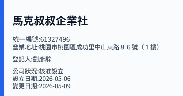馬克叔叔企業社的照片-統編 61327496(桃園市) 公司登記資料與營業項目詳細圖表