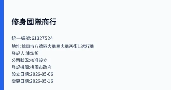 修身國際商行的照片-統編 61327524(桃園市) 公司登記資料與營業項目詳細圖表