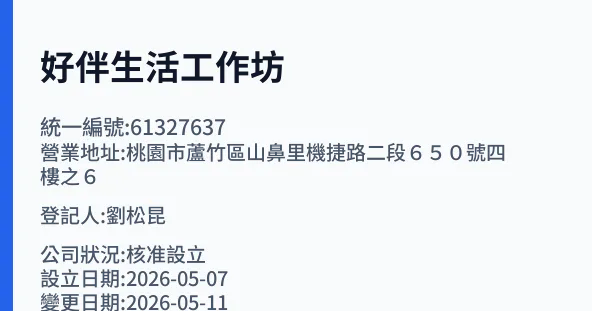 好伴生活工作坊的照片-統編 61327637(桃園市) 公司登記資料與營業項目詳細圖表