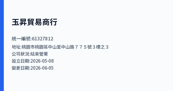 玉昇貿易商行的照片-統編 61327812(桃園市) 公司登記資料與營業項目詳細圖表