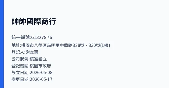 帥帥國際商行的照片-統編 61327876(桃園市) 公司登記資料與營業項目詳細圖表