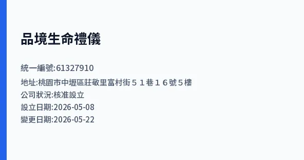 品境生命禮儀的照片-統編 61327910(桃園市) 公司登記資料與營業項目詳細圖表
