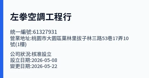 左拳空調工程行的照片-統編 61327931(桃園市) 公司登記資料與營業項目詳細圖表