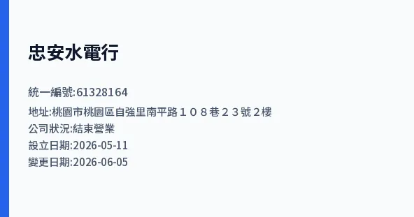 忠安水電行的照片-統編 61328164(桃園市) 公司登記資料與營業項目詳細圖表