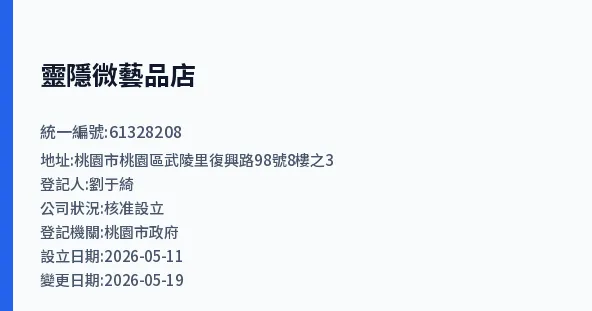 靈隱微藝品店的照片-統編 61328208(桃園市) 公司登記資料與營業項目詳細圖表