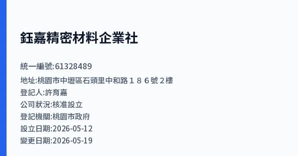 鈺嘉精密材料企業社的照片-統編 61328489(桃園市) 公司登記資料與營業項目詳細圖表