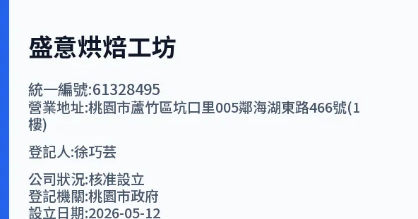 盛意烘焙工坊的照片-統編 61328495(桃園市) 公司登記資料與營業項目詳細圖表