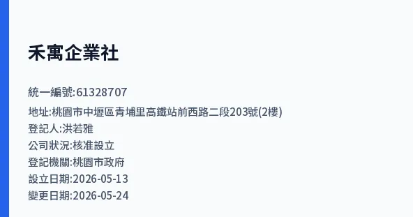 禾寓企業社的照片-統編 61328707(桃園市) 公司登記資料與營業項目詳細圖表