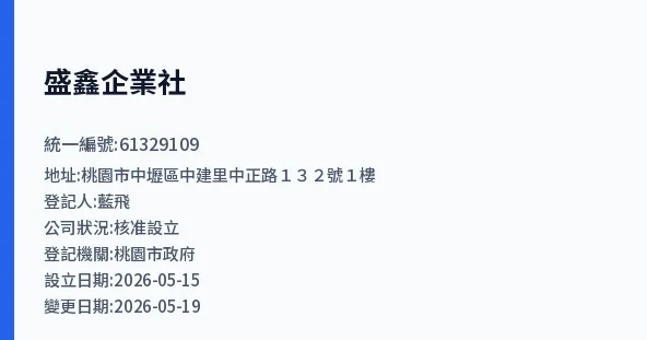 盛鑫企業社的照片-統編 61329109(桃園市) 公司登記資料與營業項目詳細圖表