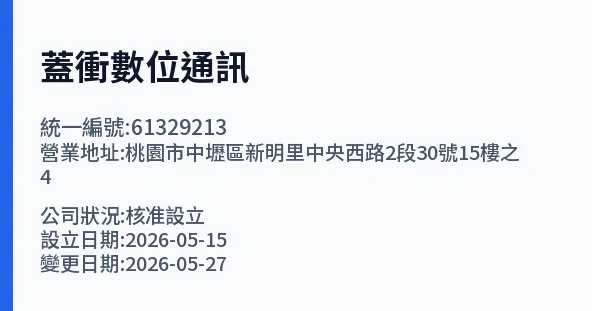 蓋衝數位通訊的照片-統編 61329213(桃園市) 公司登記資料與營業項目詳細圖表