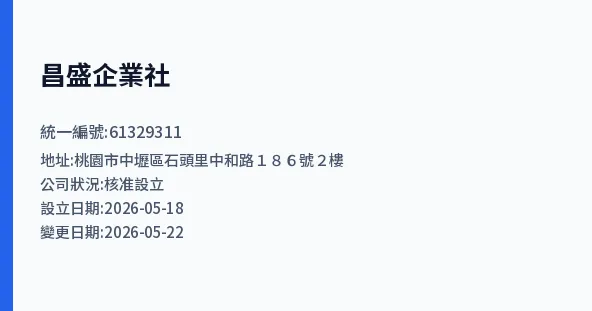 昌盛企業社的照片-統編 61329311(桃園市) 公司登記資料與營業項目詳細圖表
