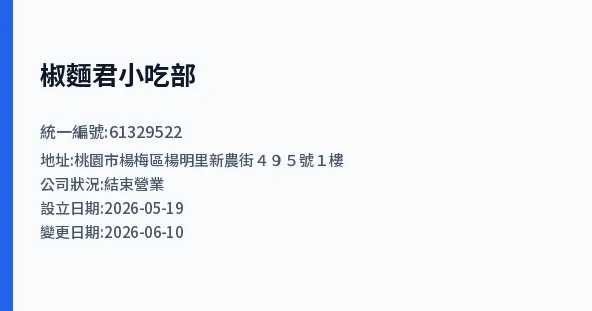 椒麵君小吃部的照片-統編 61329522(桃園市) 公司登記資料與營業項目詳細圖表