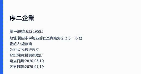 序二企業的照片-統編 61329585 公司登記資料與營業項目詳細圖表
