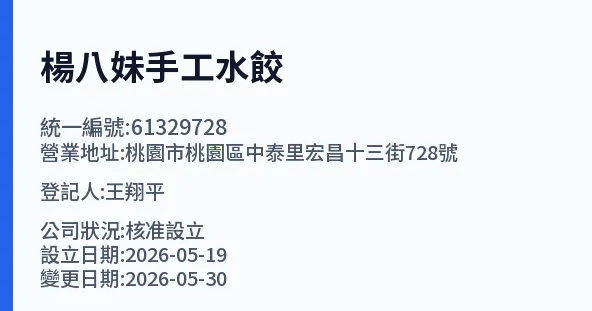 楊八妹手工水餃的照片-統編 61329728(桃園市) 公司登記資料與營業項目詳細圖表