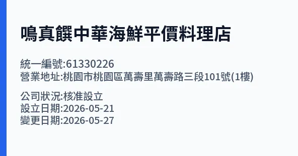 鳴真饌中華海鮮平價料理店的照片-統編 61330226(桃園市) 公司登記資料與營業項目詳細圖表