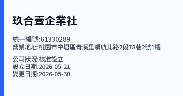 玖合壹企業社的照片-統編 61330289(桃園市) 公司登記資料與營業項目詳細圖表