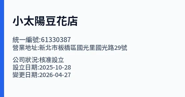 小太陽豆花店的照片-統編 61330387(新北市) 公司登記資料與營業項目詳細圖表