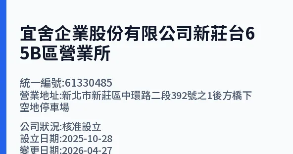 宜舍企業股份有限公司新莊台65B區營業所的照片-統編 61330485(新北市) 公司登記資料與營業項目詳細圖表