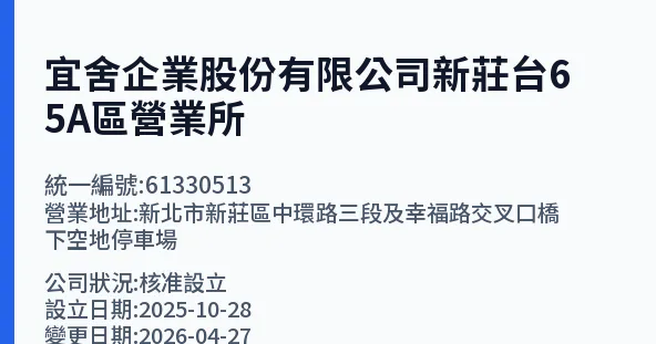 宜舍企業股份有限公司新莊台65A區營業所的照片-統編 61330513(新北市) 公司登記資料與營業項目詳細圖表