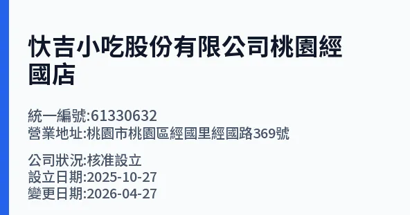 忕吉小吃股份有限公司桃園經國店的照片-統編 61330632(桃園市) 公司登記資料與營業項目詳細圖表