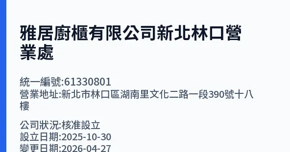 雅居廚櫃有限公司新北林口營業處的照片-統編 61330801(新北市) 公司登記資料與營業項目詳細圖表