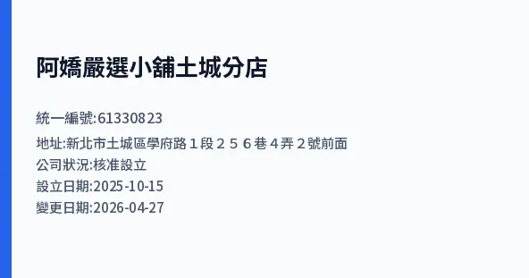 阿嬌嚴選小舖土城分店的照片-統編 61330823(新北市) 公司登記資料與營業項目詳細圖表