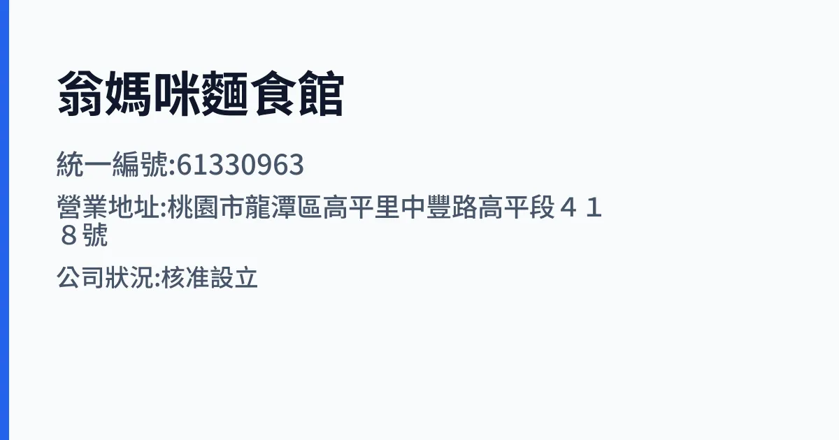 翁媽咪麵食館 - 統編 61330963（桃園市） 公司登記資料與營業項目詳細圖表