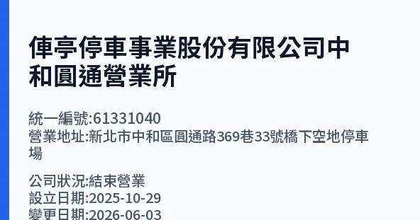 俥亭停車事業股份有限公司中和圓通營業所的照片-統編 61331040(新北市) 公司登記資料與營業項目詳細圖表
