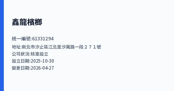 鑫龍檳榔的照片-統編 61331294(新北市) 公司登記資料與營業項目詳細圖表