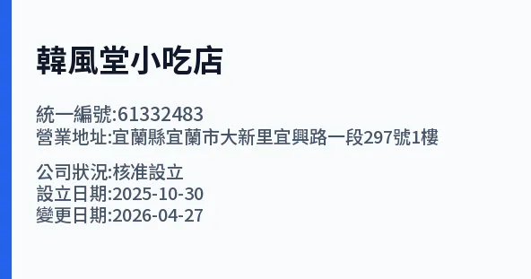 韓風堂小吃店的照片-統編 61332483(宜蘭縣) 公司登記資料與營業項目詳細圖表