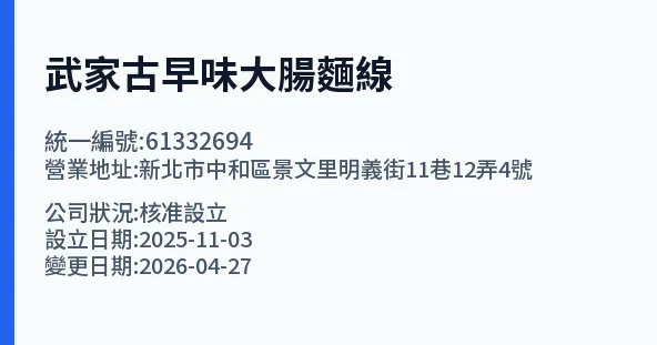 武家古早味大腸麵線的照片-統編 61332694(新北市) 公司登記資料與營業項目詳細圖表
