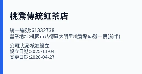 桃鶯傳統紅茶店的照片-統編 61332738(桃園市) 公司登記資料與營業項目詳細圖表