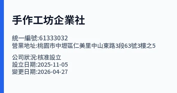 手作工坊企業社的照片-統編 61333032(桃園市) 公司登記資料與營業項目詳細圖表