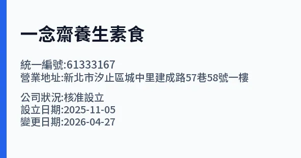 一念齋養生素食的照片-統編 61333167(新北市) 公司登記資料與營業項目詳細圖表