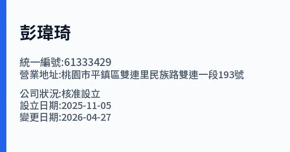 彭瑋琦的照片-統編 61333429(桃園市) 公司登記資料與營業項目詳細圖表