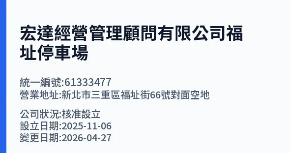 宏達經營管理顧問有限公司福址停車場的照片-統編 61333477(新北市) 公司登記資料與營業項目詳細圖表