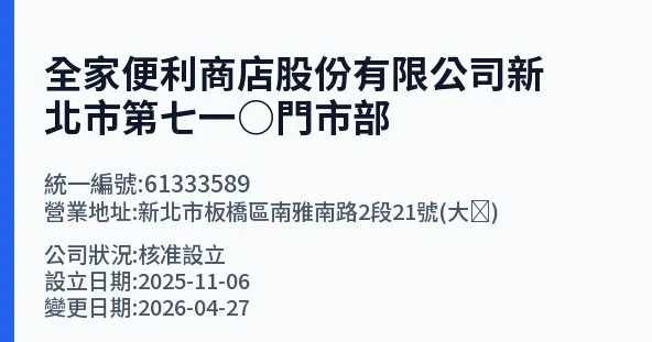 全家便利商店股份有限公司新北市第七一○門市部的照片-統編 61333589(新北市) 公司登記資料與營業項目詳細圖表