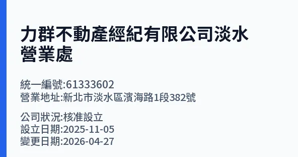 力群不動產經紀有限公司淡水營業處的照片-統編 61333602(新北市) 公司登記資料與營業項目詳細圖表