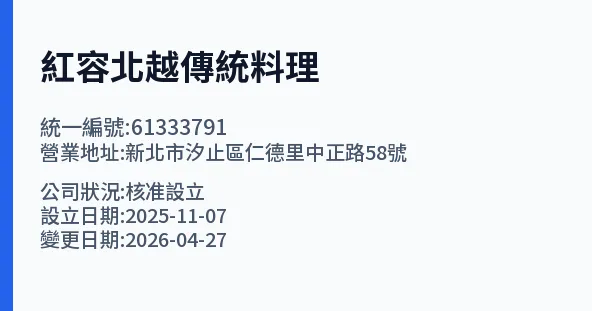 紅容北越傳統料理的照片-統編 61333791(新北市) 公司登記資料與營業項目詳細圖表