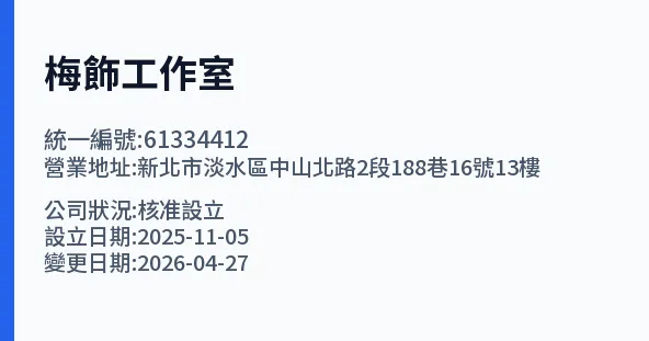 梅飾工作室的照片-統編 61334412(新北市) 公司登記資料與營業項目詳細圖表