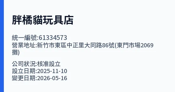 胖橘貓玩具店的照片-統編 61334573(新竹市) 公司登記資料與營業項目詳細圖表