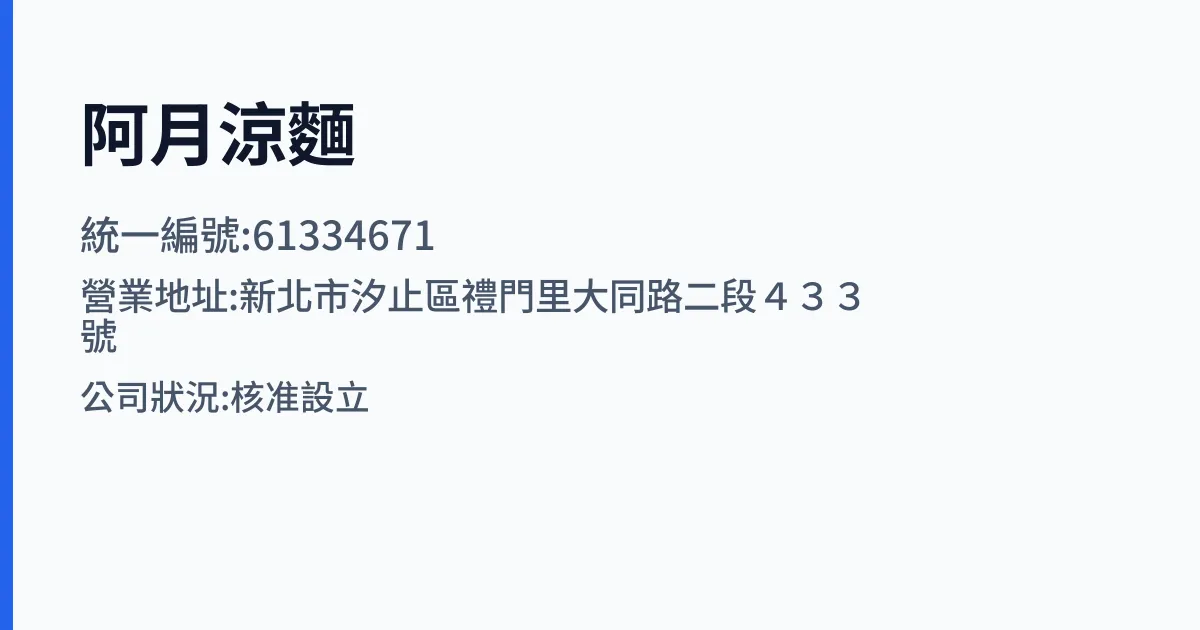 阿月涼麵 - 統編 61334671(新北市) 公司登記資料與營業項目詳細圖表