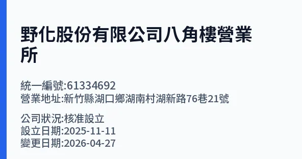 野化股份有限公司八角樓營業所的照片-統編 61334692(新竹縣) 公司登記資料與營業項目詳細圖表