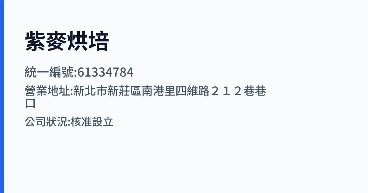 紫麥烘培 - 統編 61334784(新北市) 公司登記資料與營業項目詳細圖表