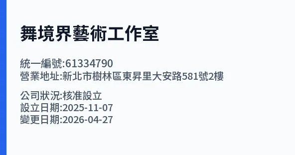 舞境界藝術工作室的照片-統編 61334790(新北市) 公司登記資料與營業項目詳細圖表