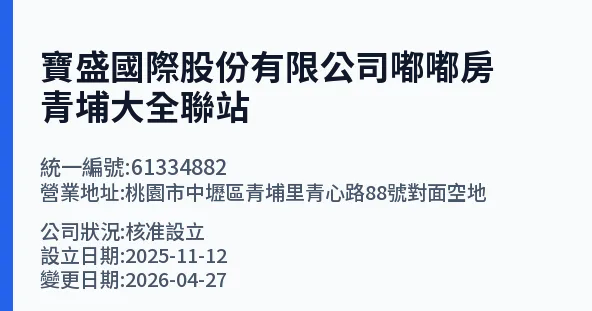寶盛國際股份有限公司嘟嘟房青埔大全聯站的照片-統編 61334882(桃園市) 公司登記資料與營業項目詳細圖表