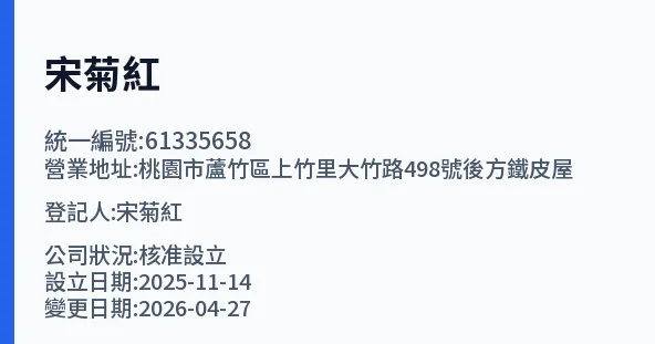 宋菊紅的照片-統編 61335658(桃園市) 公司登記資料與營業項目詳細圖表