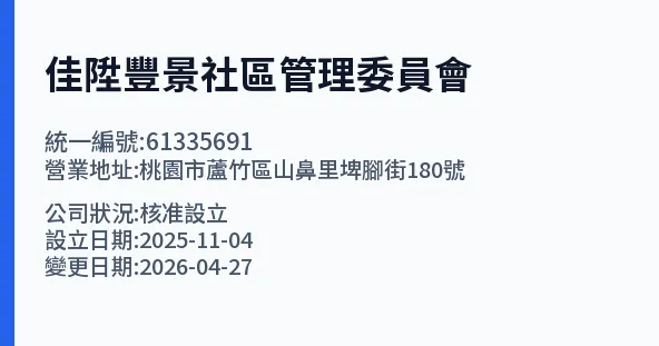 佳陞豐景社區管理委員會的照片-統編 61335691(桃園市) 公司登記資料與營業項目詳細圖表